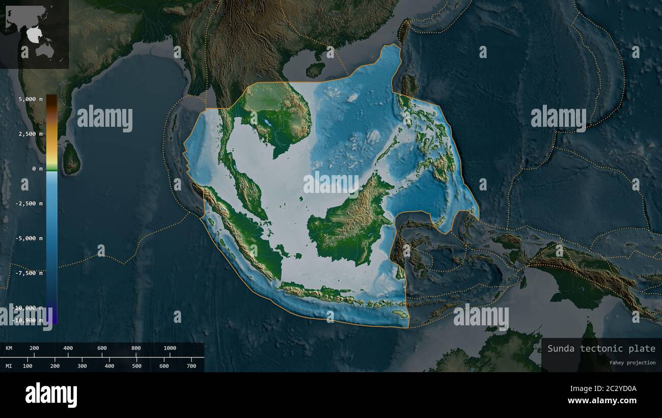 Sunda plate shape outlined on a darkened and desaturated background of ...