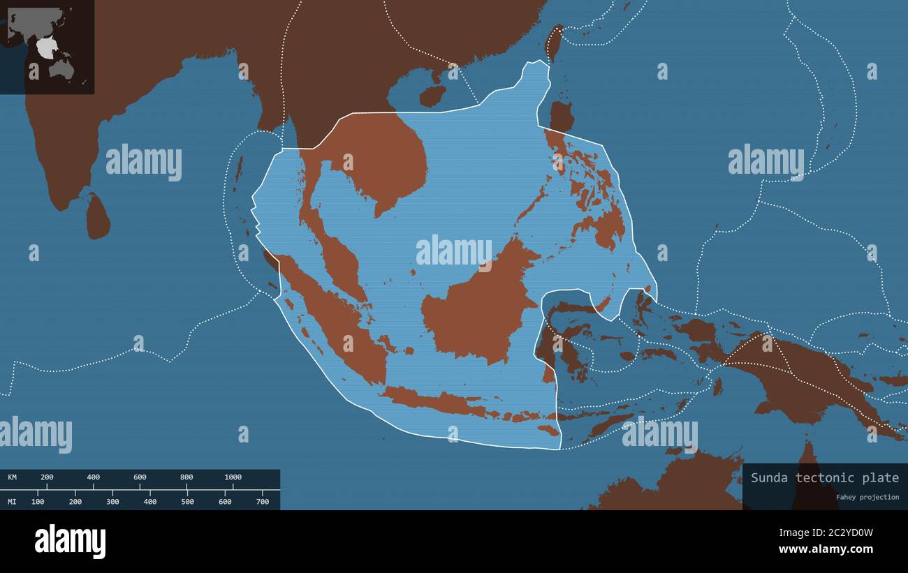 Sunda plate shape outlined on a darkened and desaturated background of ...