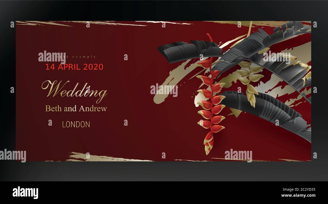 Tropical black gold leaves on dark maroon background vector poster ...