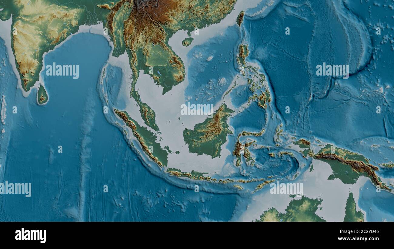 Relief map of the area around the Sunda tectonic plate. 3D rendering ...