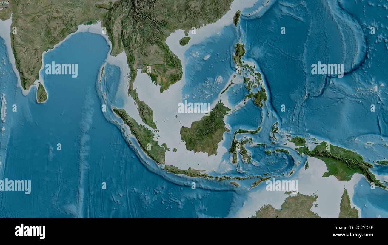 Satellite map of the area around the Sunda tectonic plate. 3D rendering ...