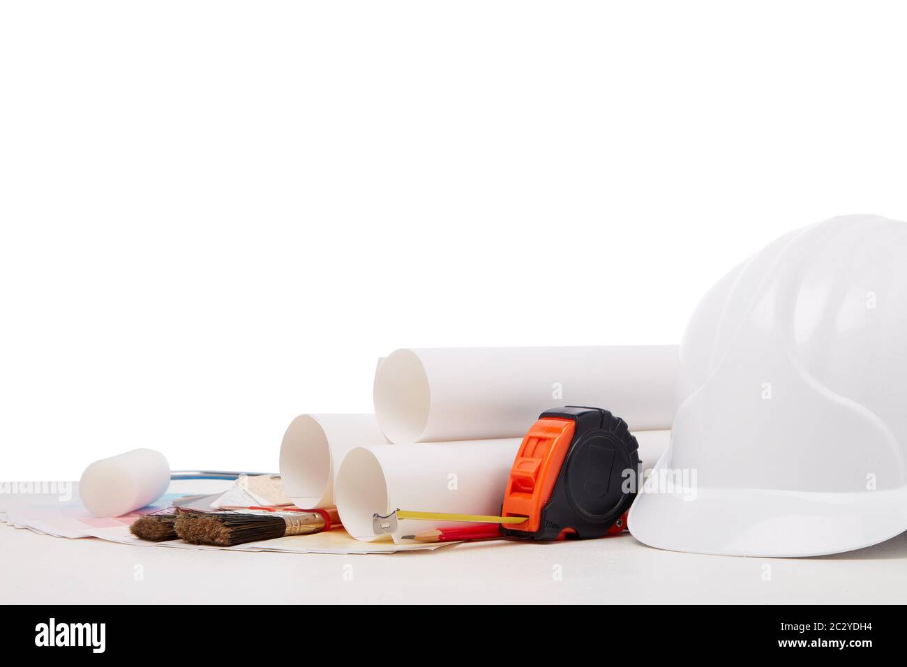 Architectural blueprints, construction hard hat, color palette guide ...