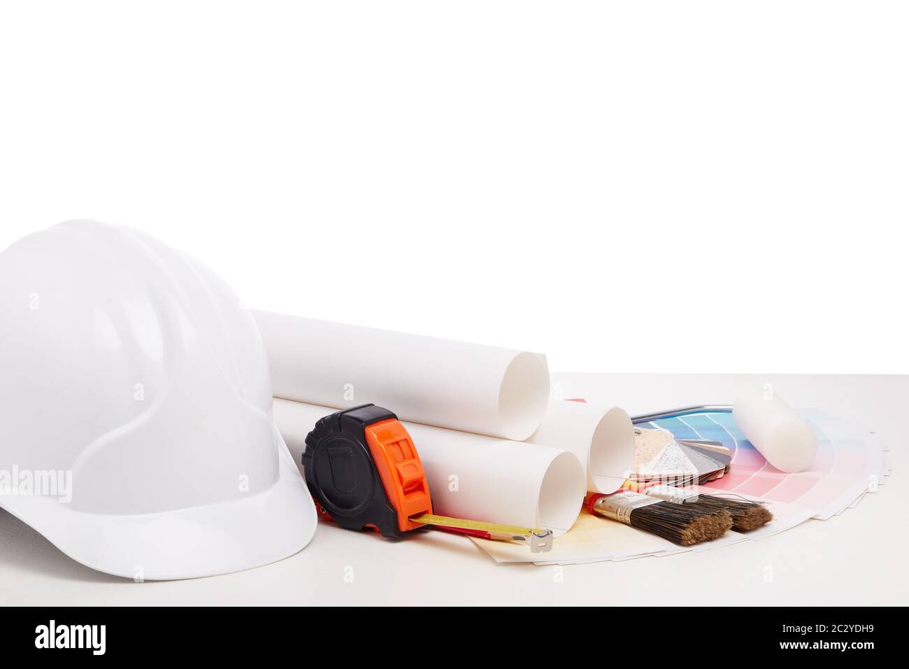 Architectural blueprints, construction hard hat, color palette guide ...