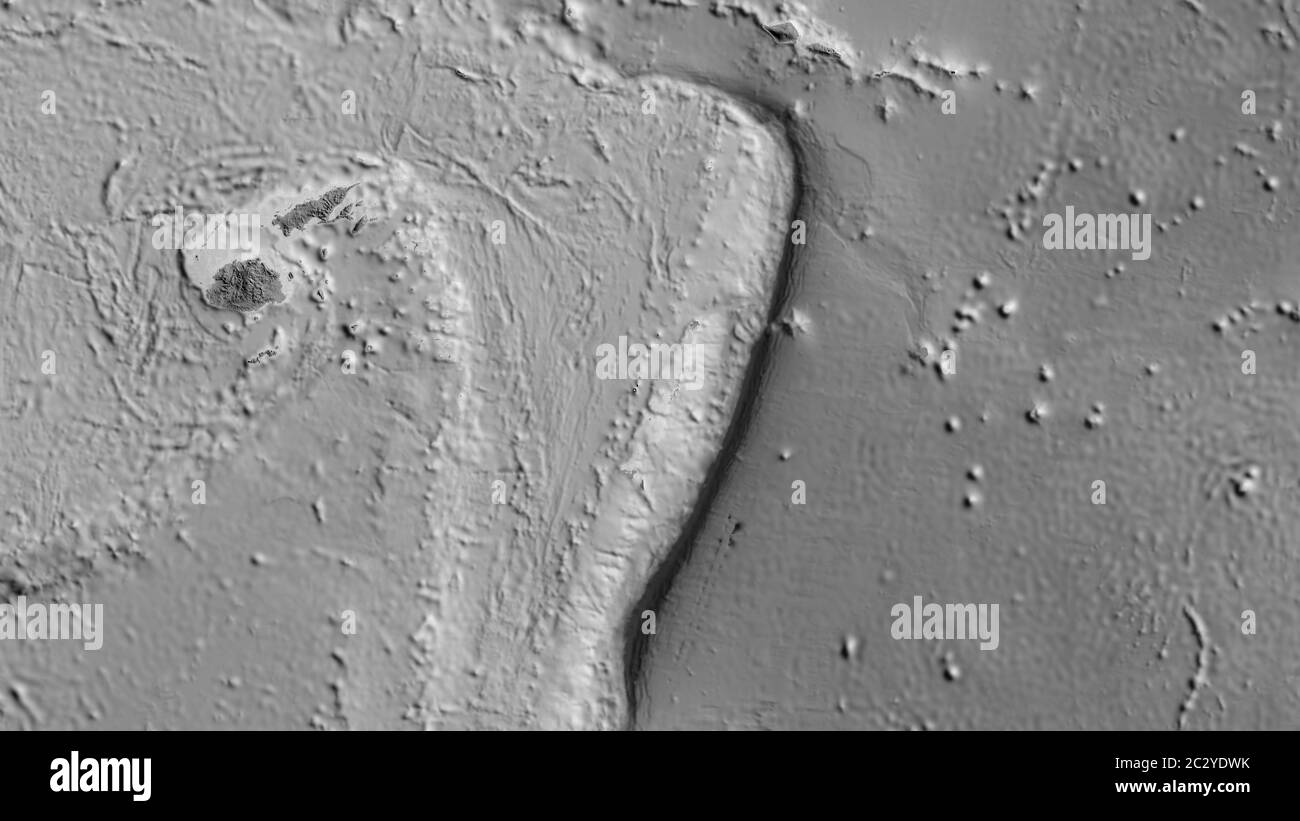 Grayscale map of the area around the Tonga tectonic plate. 3D rendering ...