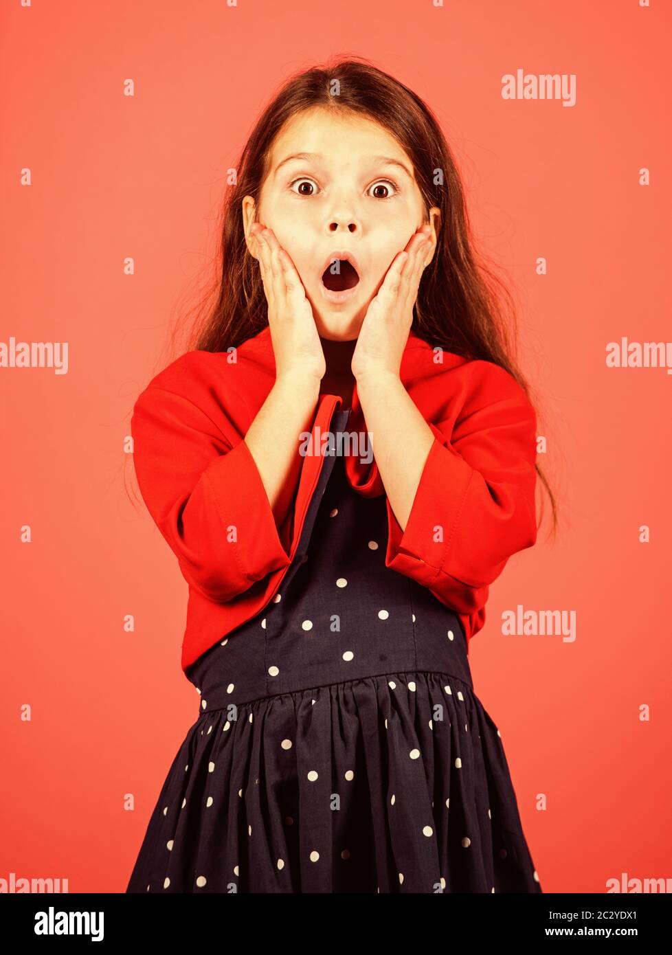 Make wow happen now. Surprised child. Little girl open mouth with ...