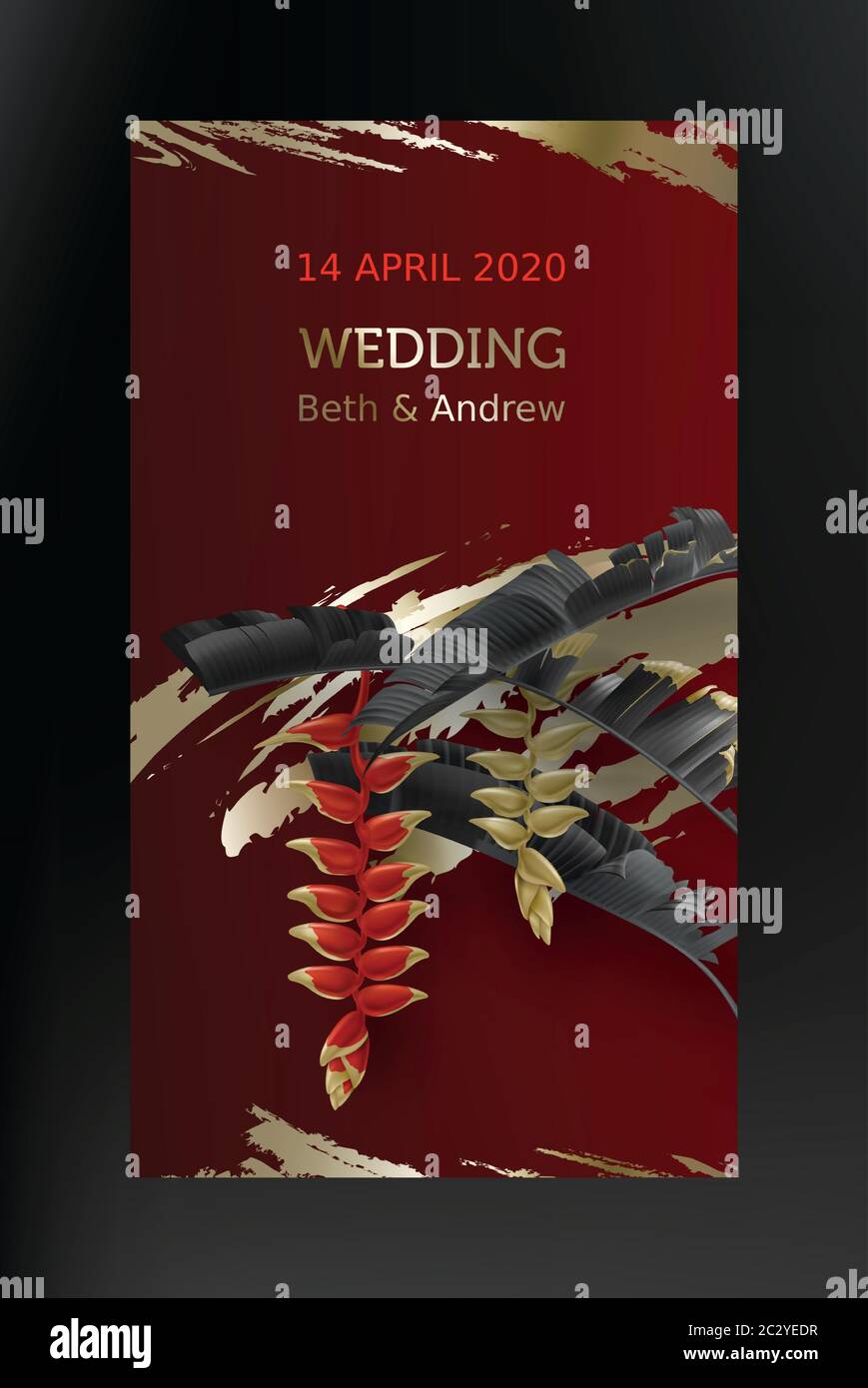 Tropical black gold leaves on dark maroon background vector poster ...