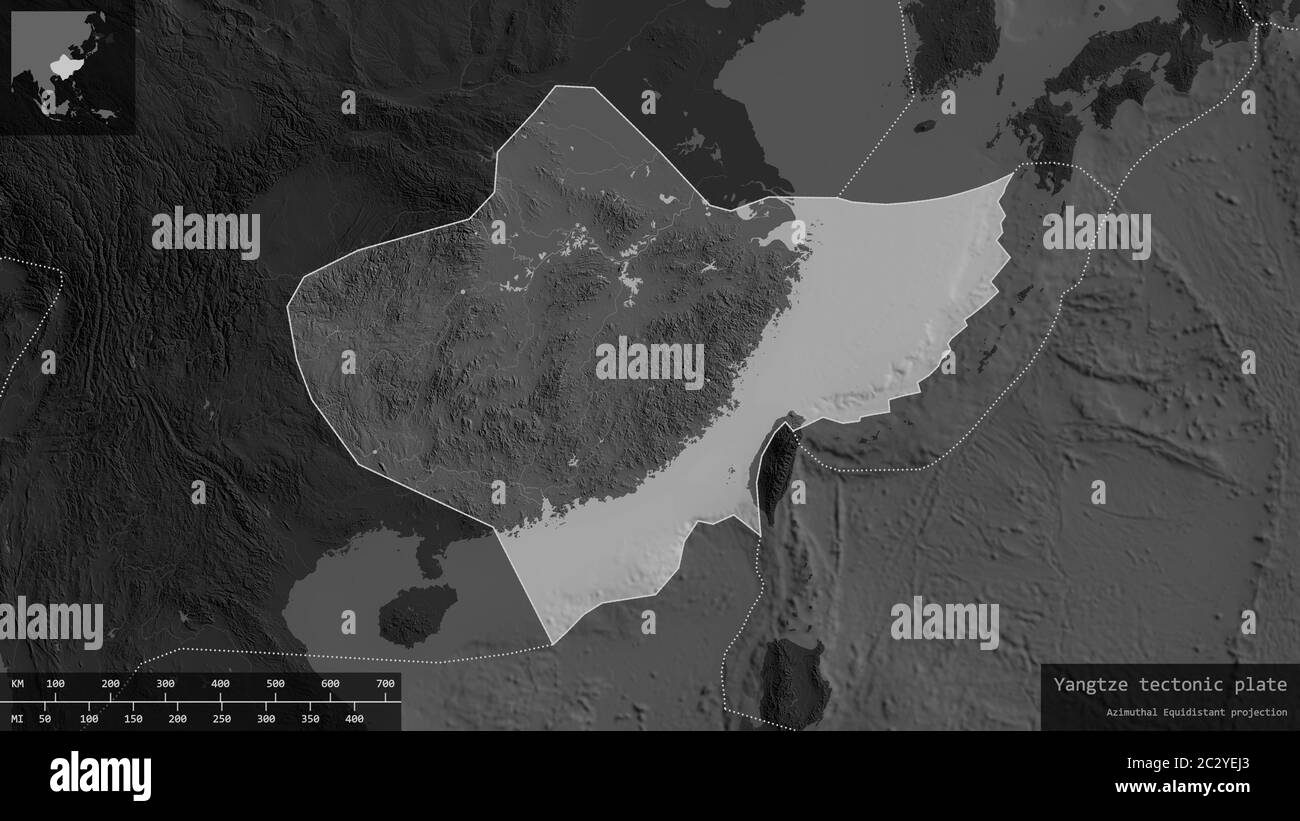 Yangtze plate shape outlined on a darkened and desaturated background ...