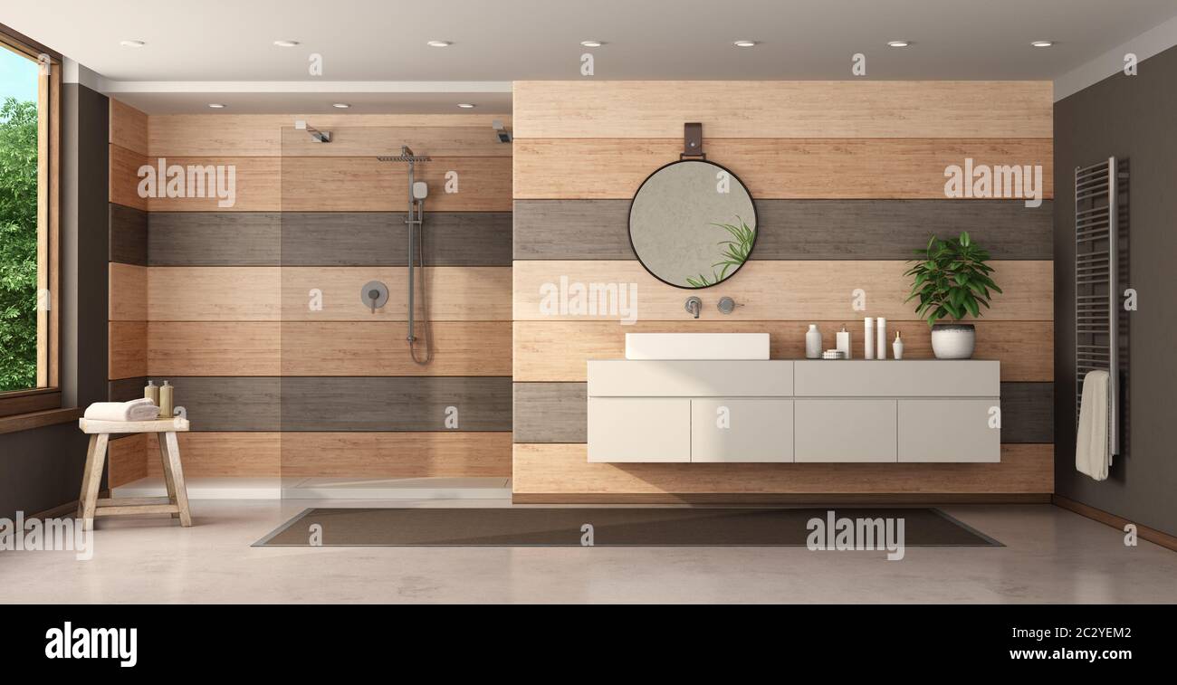 Modern bathroom with wooden paneling, shower and washbasin - 3d ...