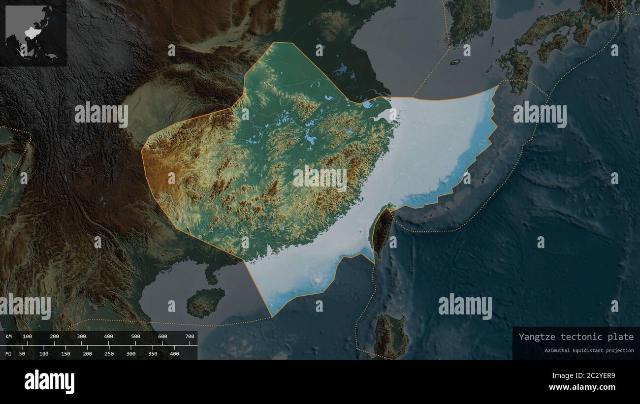 Yangtze plate shape outlined on a darkened and desaturated background ...