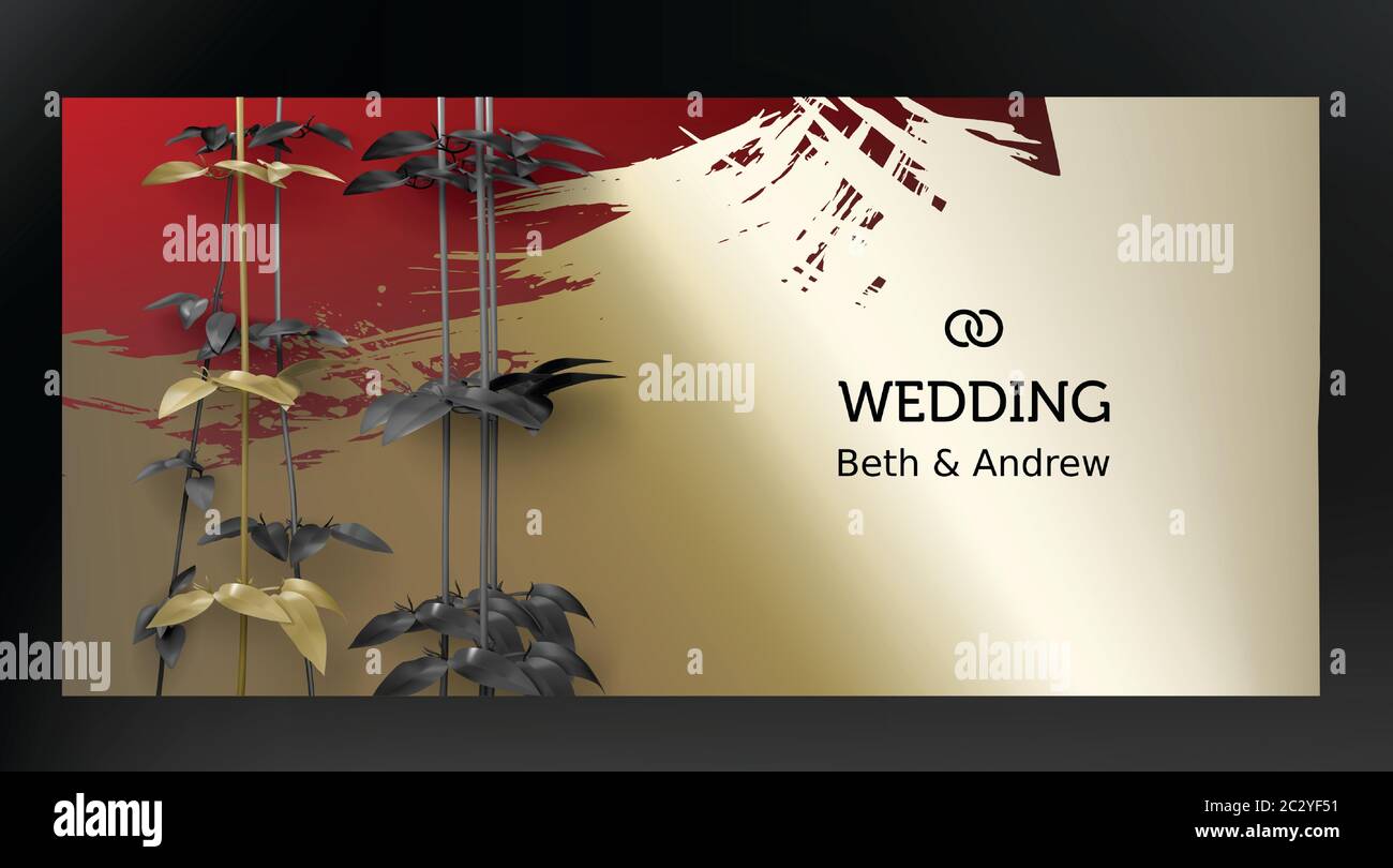 Tropical gold black leaves on maroon background vector. Botanical ...