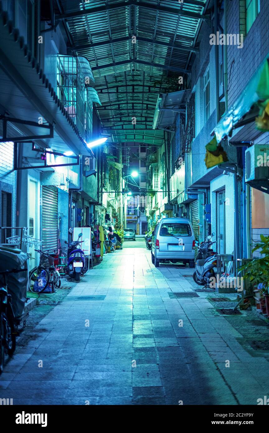 Empty and dark alley in urban Taipei, Taiwan. The Small street in a ...