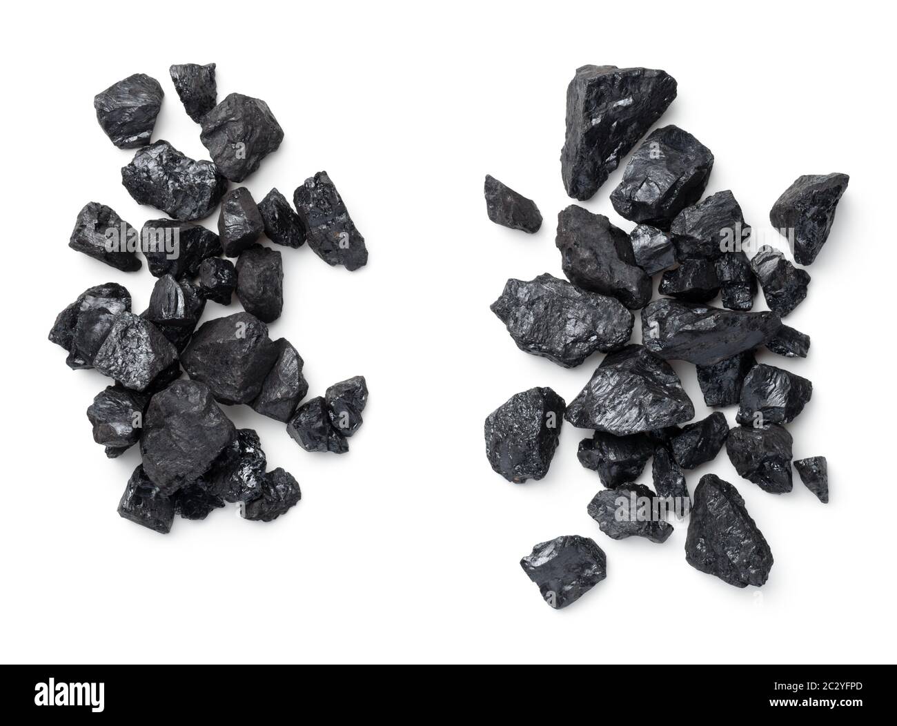 Black coal pile isolated on white background. Pea coal. Top view, flat ...