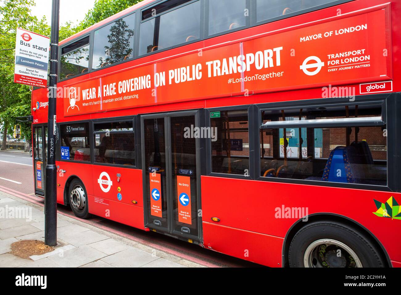 London, UK - June 17th 2020: A red London bus displaying government ...