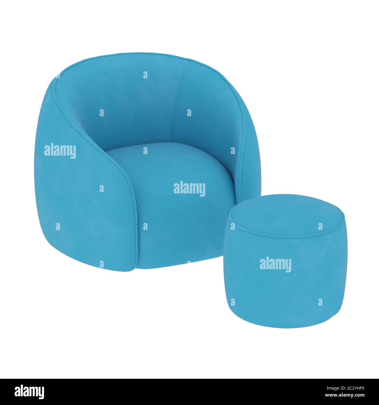 A soft blue cloth chair and round pouf an isolated background. 3d ...