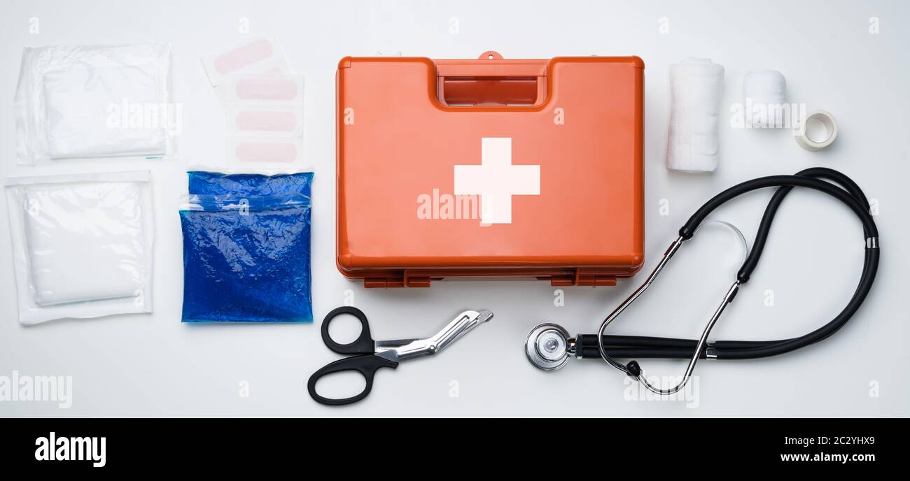 First Aid Kit With Medical Equipment On White Background Stock Photo ...
