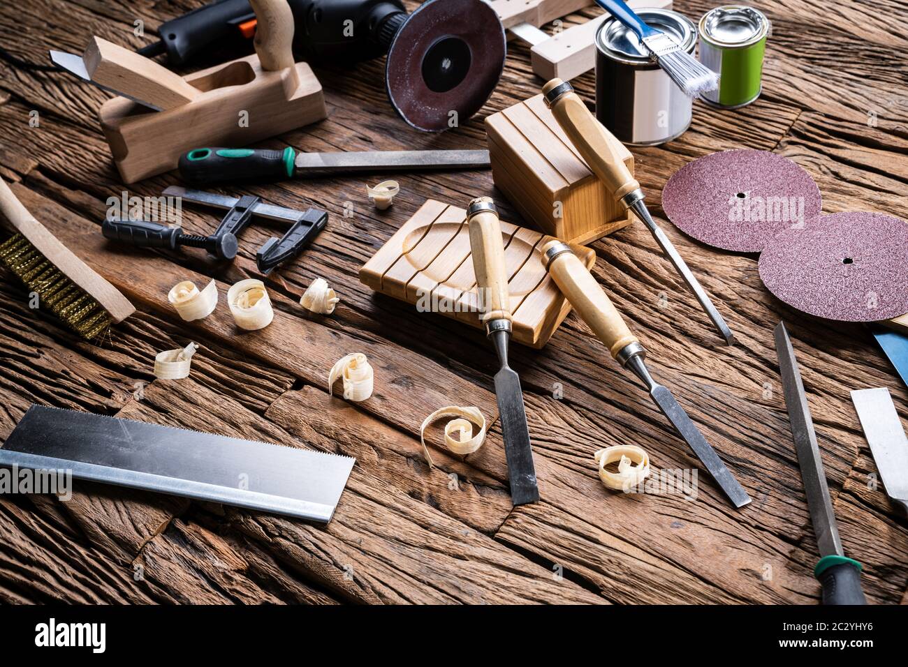 Various Carpenter Tools From Toolkit Laying On Desk Stock Photo - Alamy