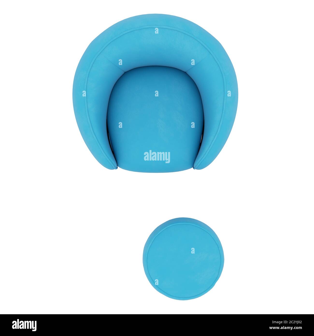 A soft blue cloth chair and round pouf an isolated background top view ...