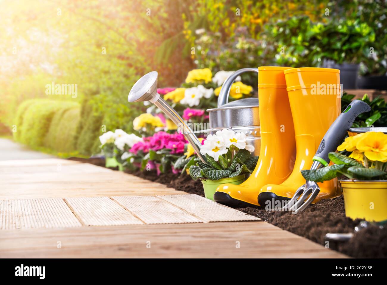 Gardening Tools Set And Flowers In Sunny Garden Stock Photo - Alamy