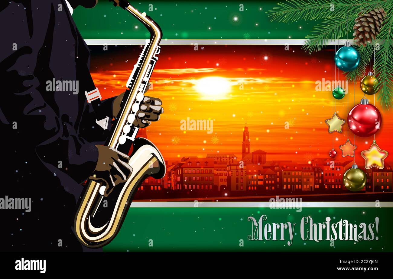 Christmas red green illustration with saxophone player on cityscape of ...
