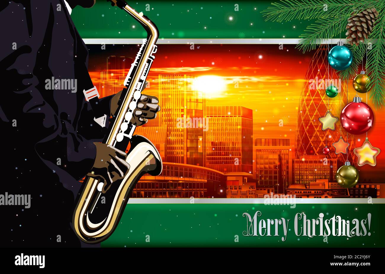 Christmas red green illustration with saxophone player on cityscape of ...