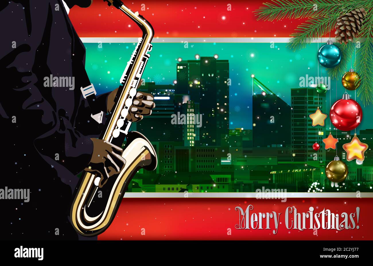Christmas green red illustration with saxophone player on cityscape of ...