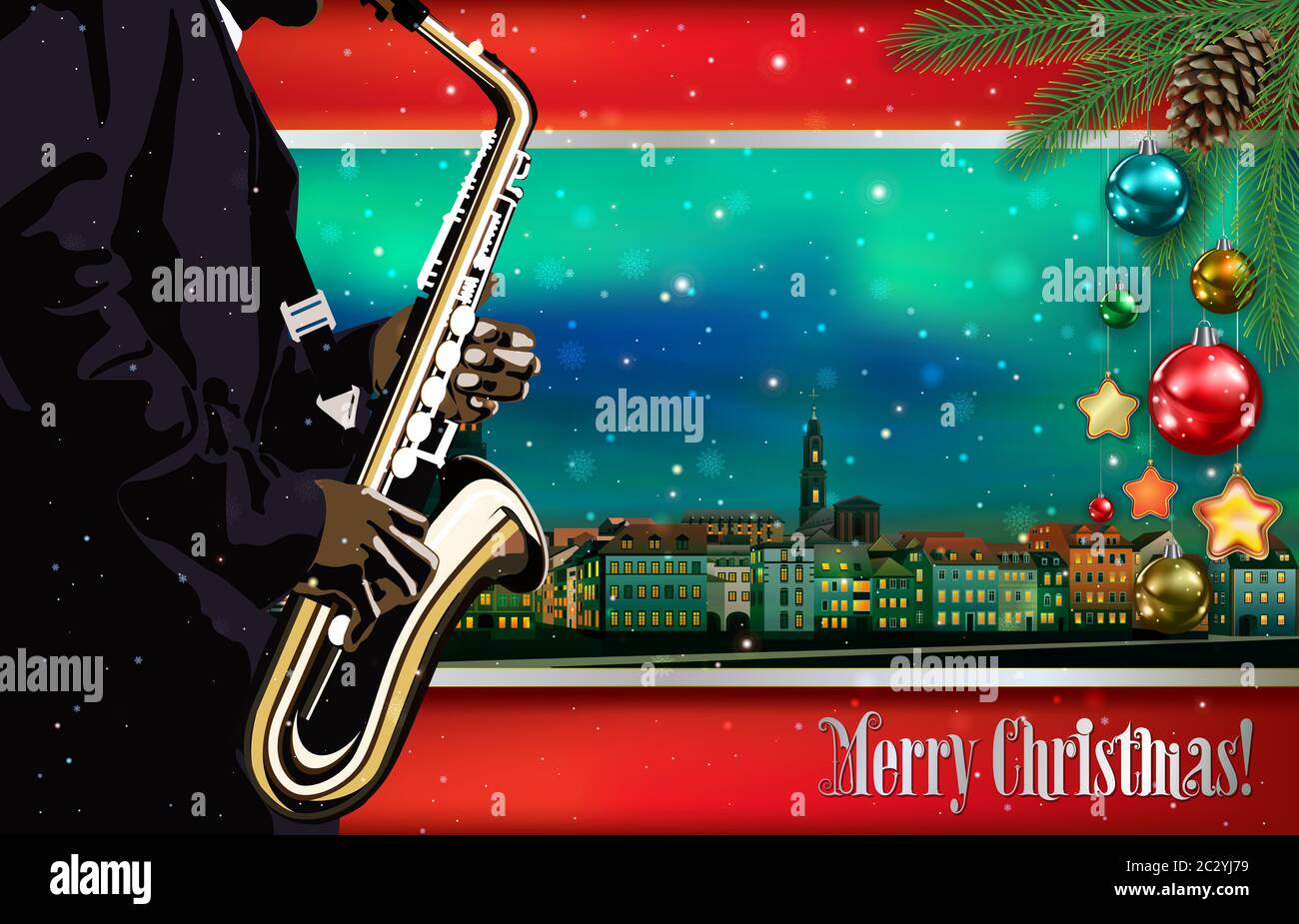 Christmas green red illustration with saxophone player on cityscape of ...