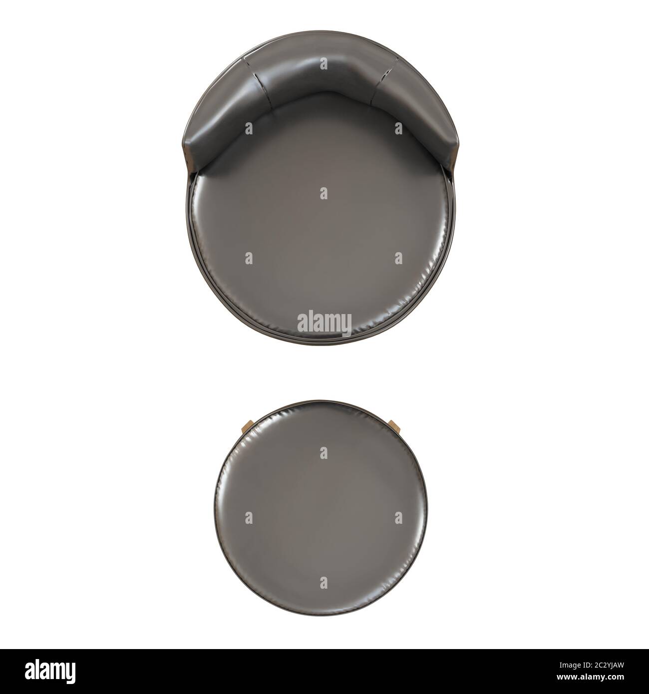 Black leather chair with a stool on a white background.Top view. 3d ...