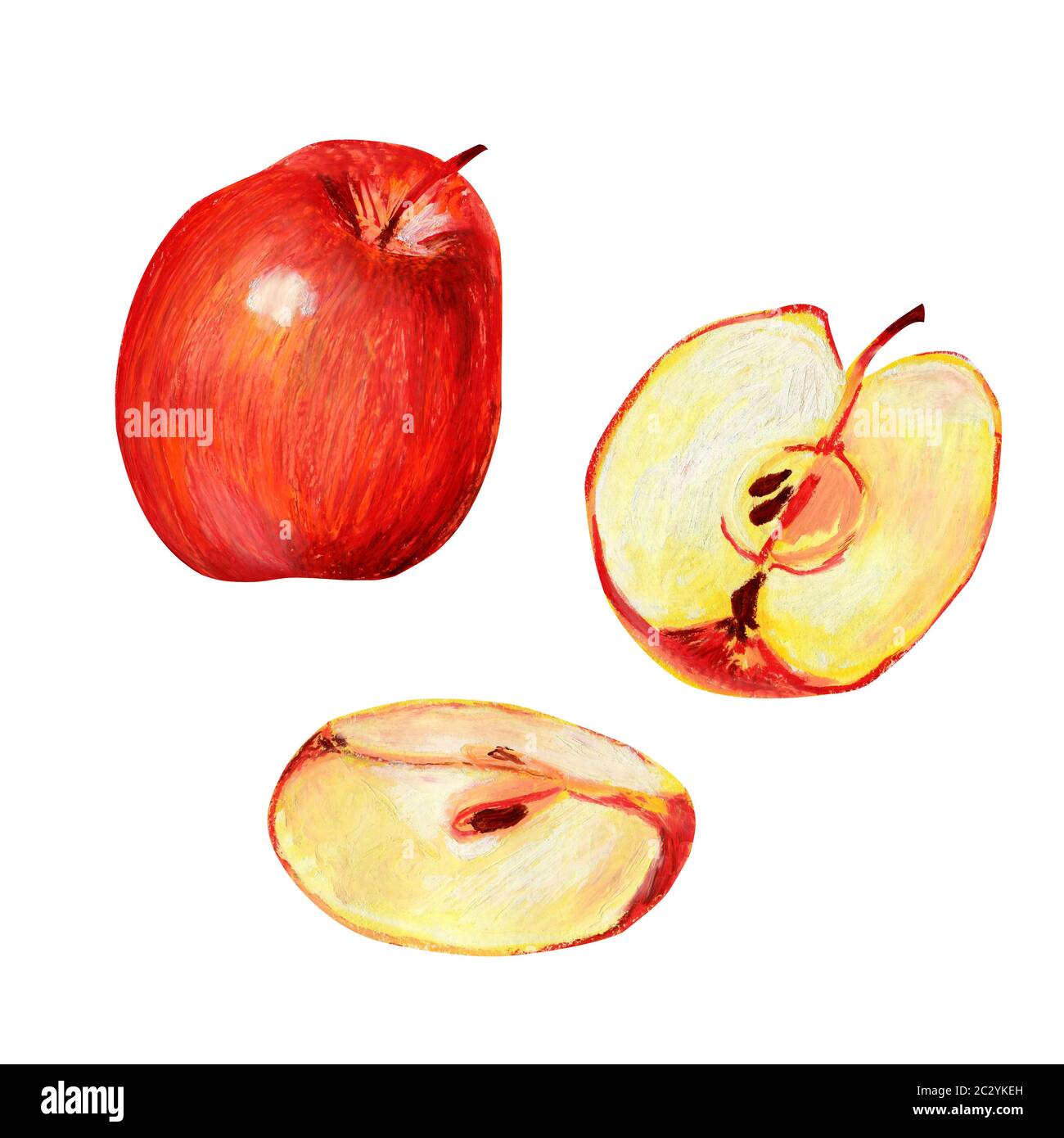 A set of red apples. A whole juicy ripe glossy fruit, half and sliced ...