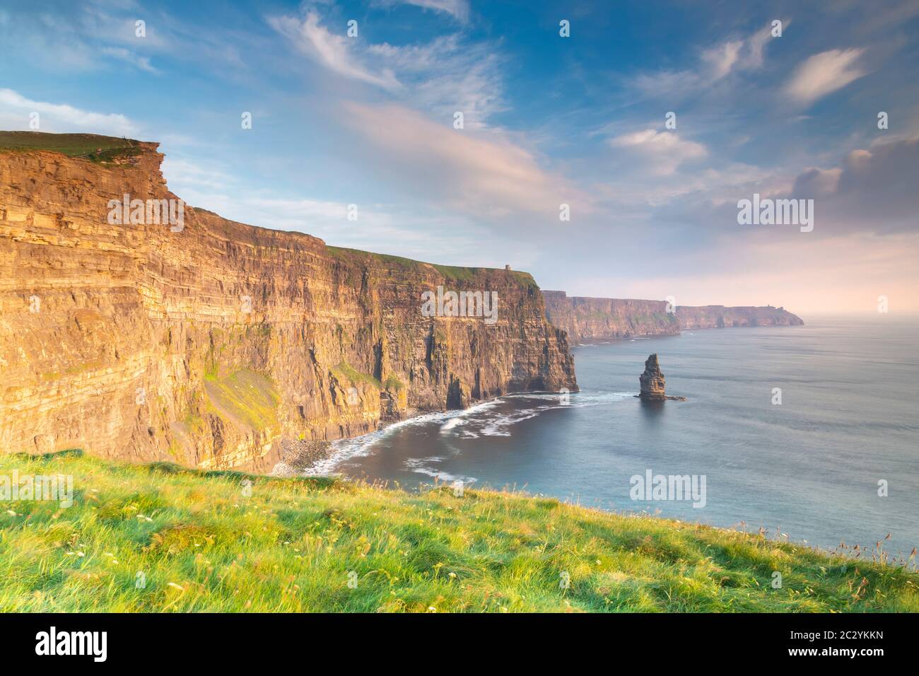 View of a sunset at the Cliffs of Moher. County Clare, Munster province ...