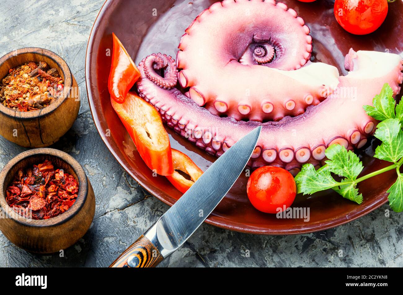 Fresh raw octopus and spice on plate.Uncooked octopus tentacles ...