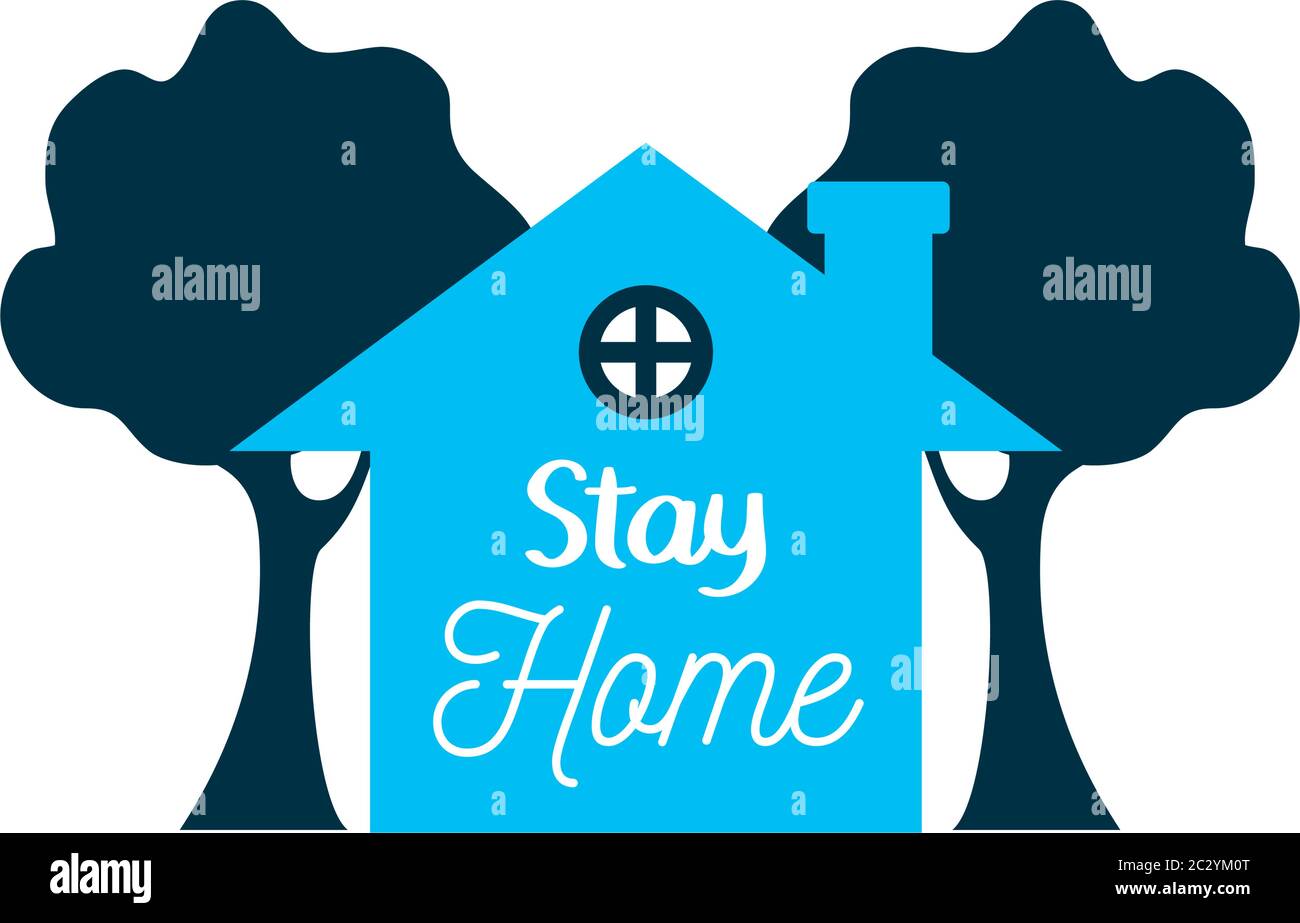 stay home lettering design with house and trees shape icons over white ...