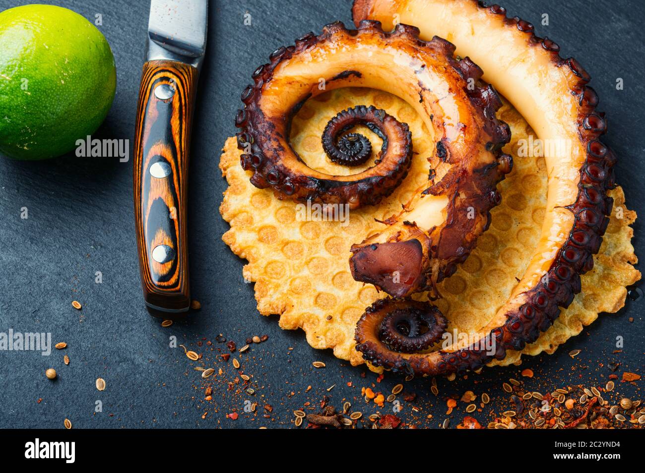 Grilled tentacle octopus with roasted vegetables.Cooked octopus Stock ...