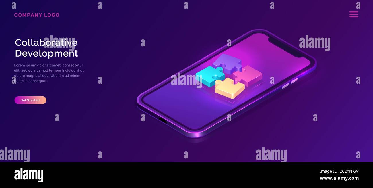 Collaborative development, isometric business concept vector. Mobile ...
