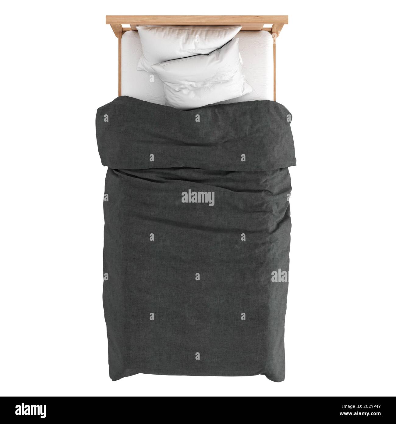 A wooden light brown bed on a white background. Top view. 3d rendering ...