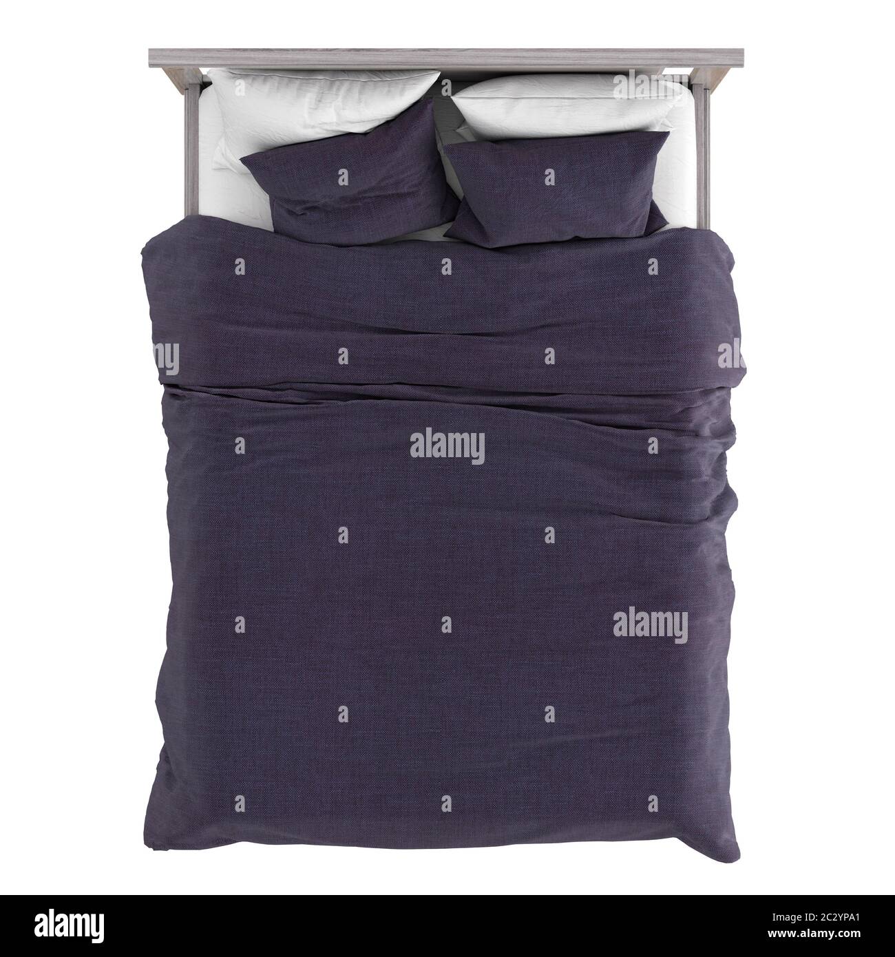 A wooden double bed with lilac linen on a white background. Top view ...