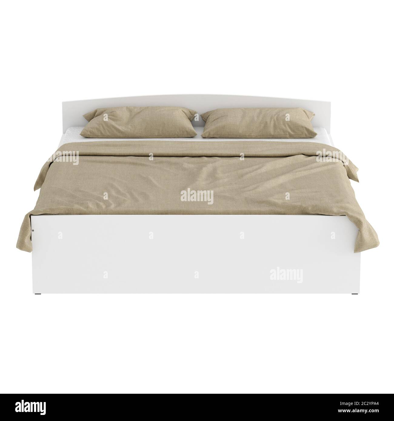 White wooden double bed with beige linen. Front view. 3d rendering ...