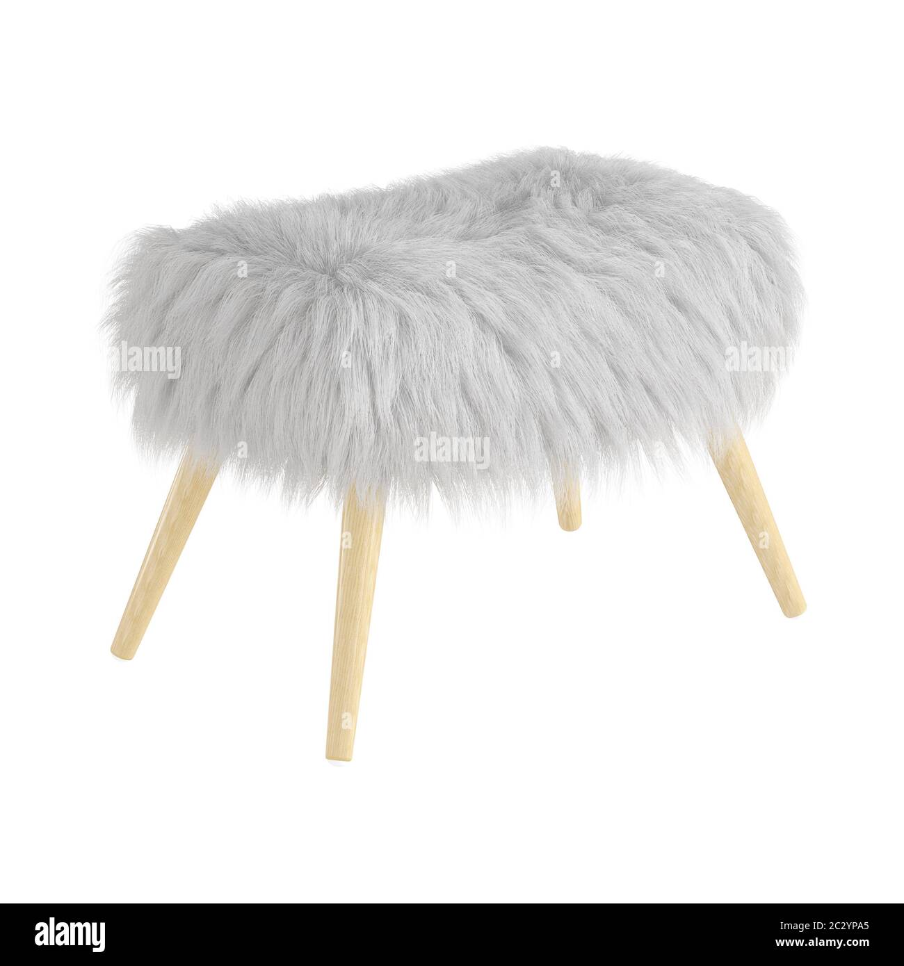 Soft fluffy white pouf with wooden legs on an isolated background. 3d ...