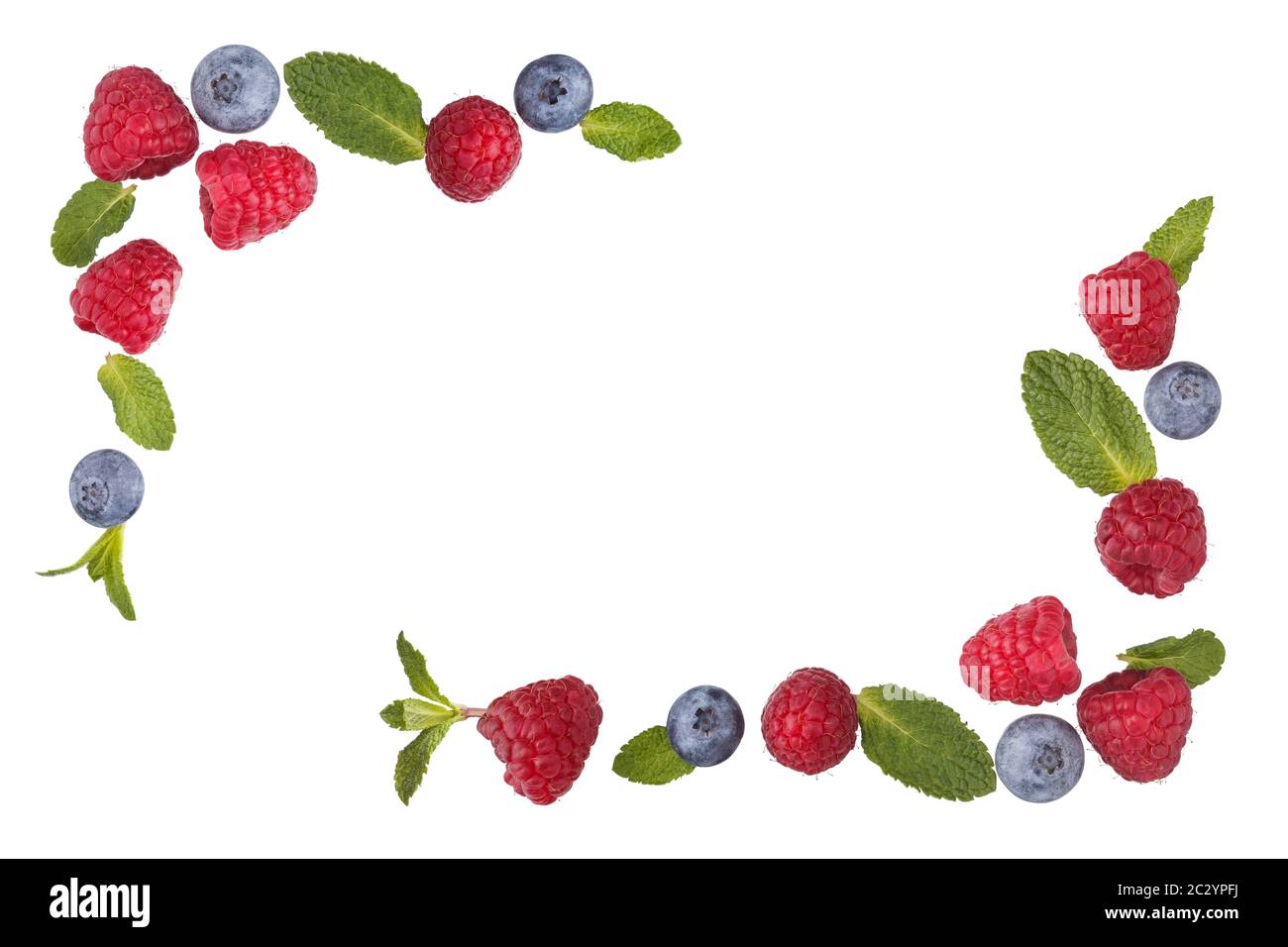 Frame of fresh berries and mint leaves isolated on white background ...