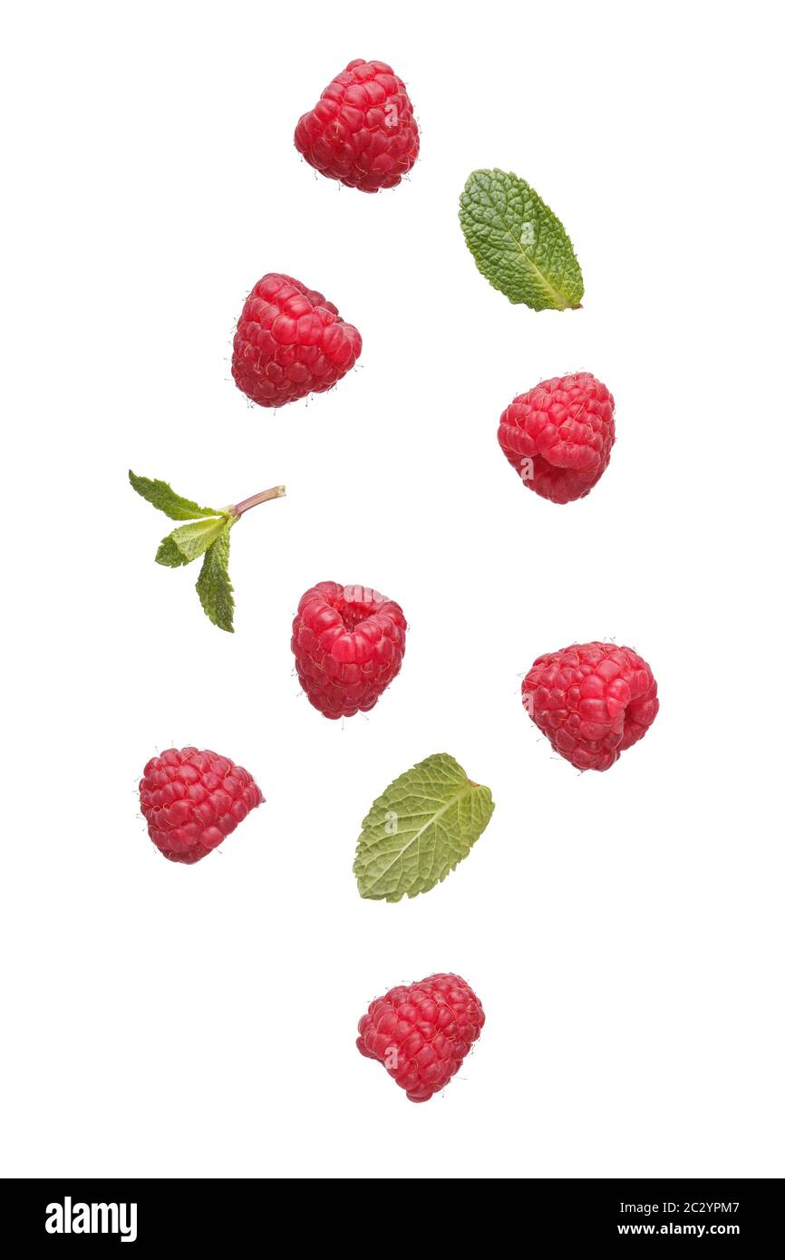Falling red raspberries isolated on white background Stock Photo - Alamy