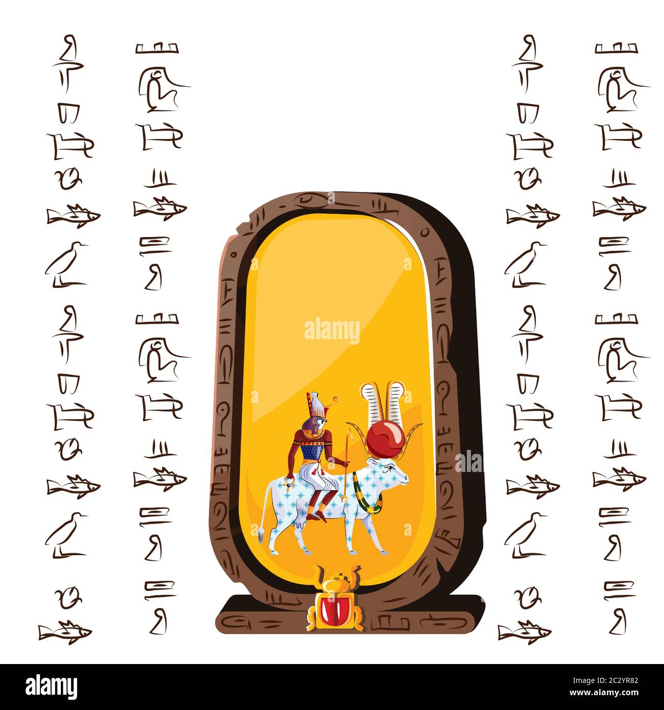 Stone board or clay plate with god Ra on star-covered cow back, goddess ...