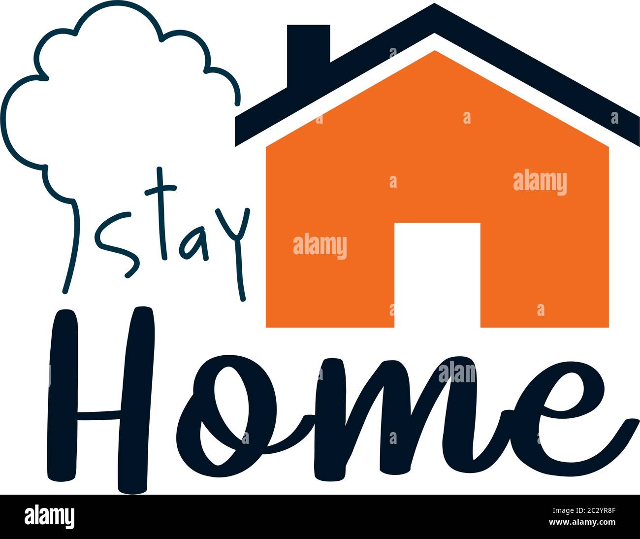 stay home lettering design with house shape and tree icon over white ...