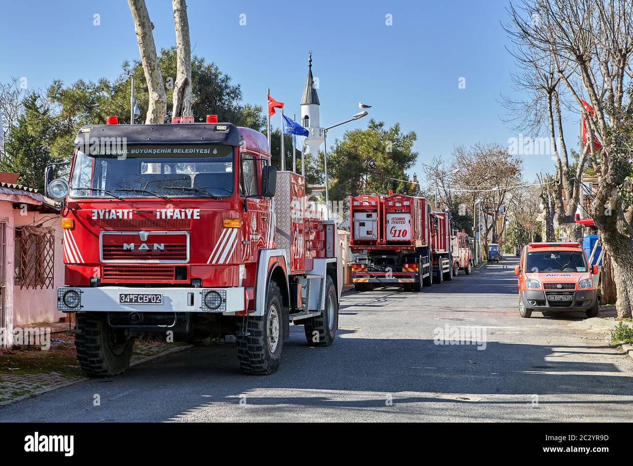Istanbul, Turkey - February 13, 2020: A fleet of fire engines in the ...
