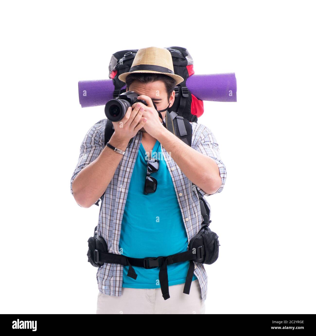 Backpacker with camera isolated on white background Stock Photo - Alamy