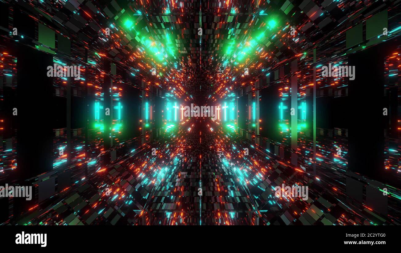 futuristic reflective scifi tunnel with glowing holy christian cross 3d ...