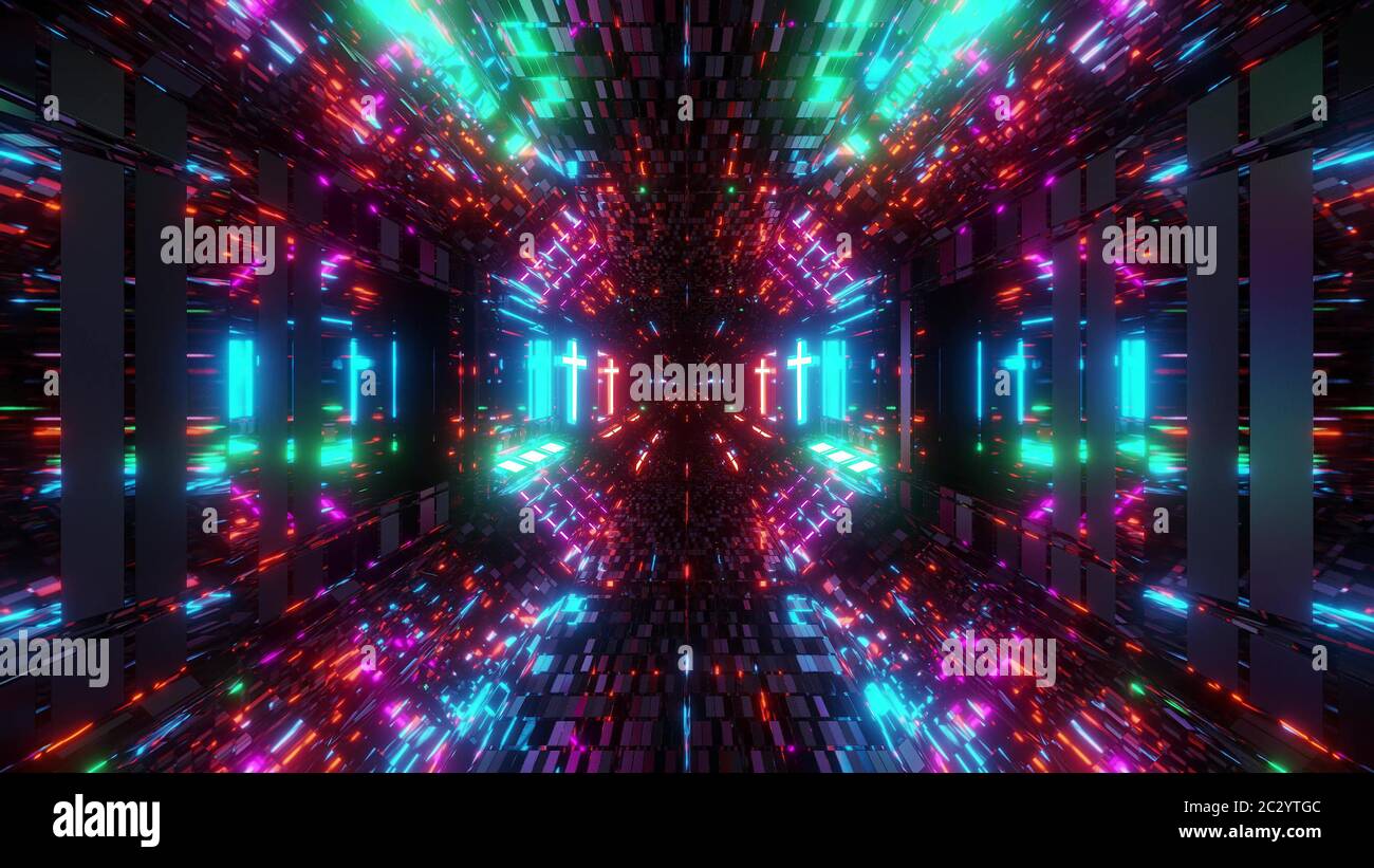 futuristic reflective scifi tunnel with glowing holy christian cross 3d ...