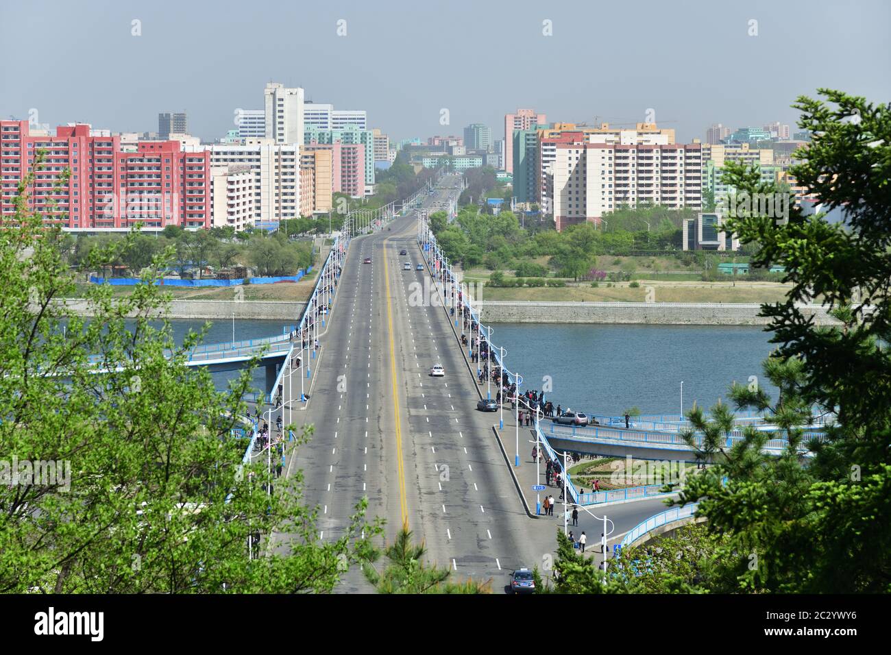 Pyongyang, North Korea - May 1, 2019: View from above on the bridge ...