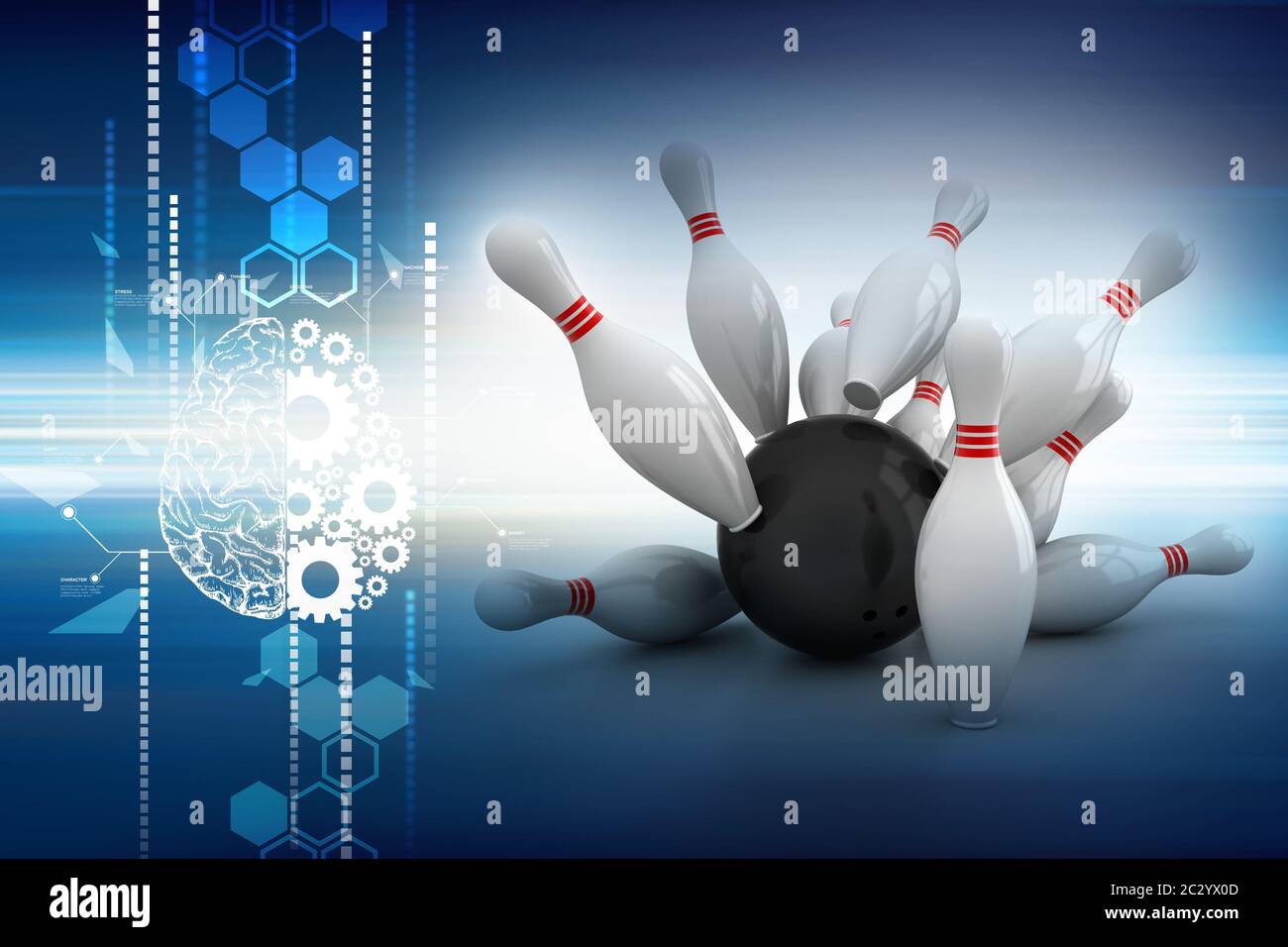 Bowling ball crashing in to the pins in color background Stock Photo ...