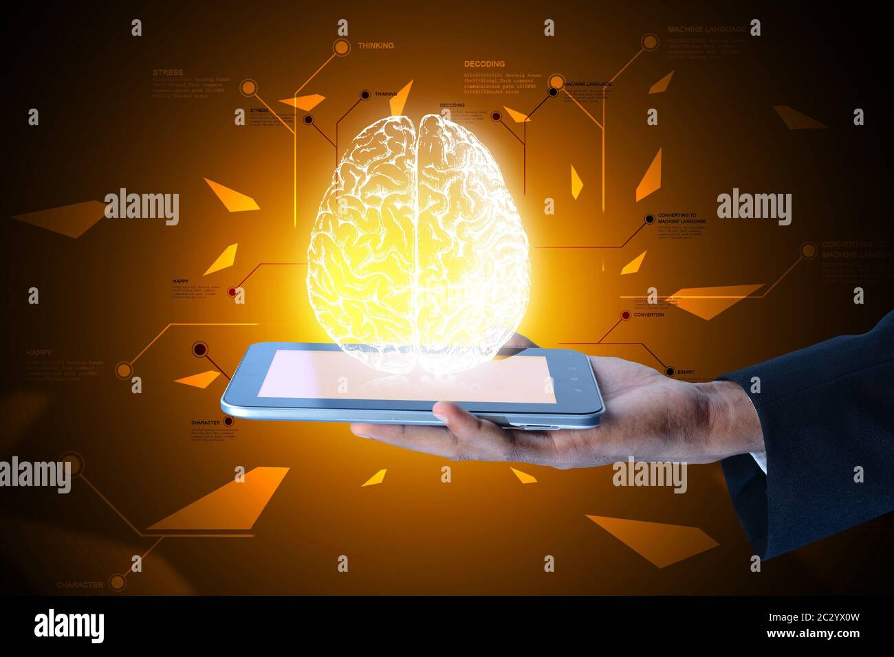 Man showing brain on a smart phone in color background Stock Photo - Alamy
