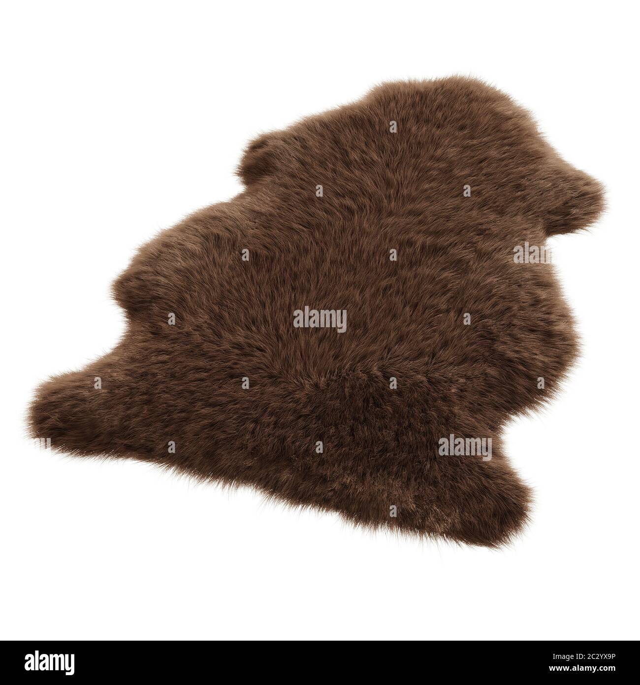 Brown skin of a sheepskin wool rug on a white background. 3D rendering ...
