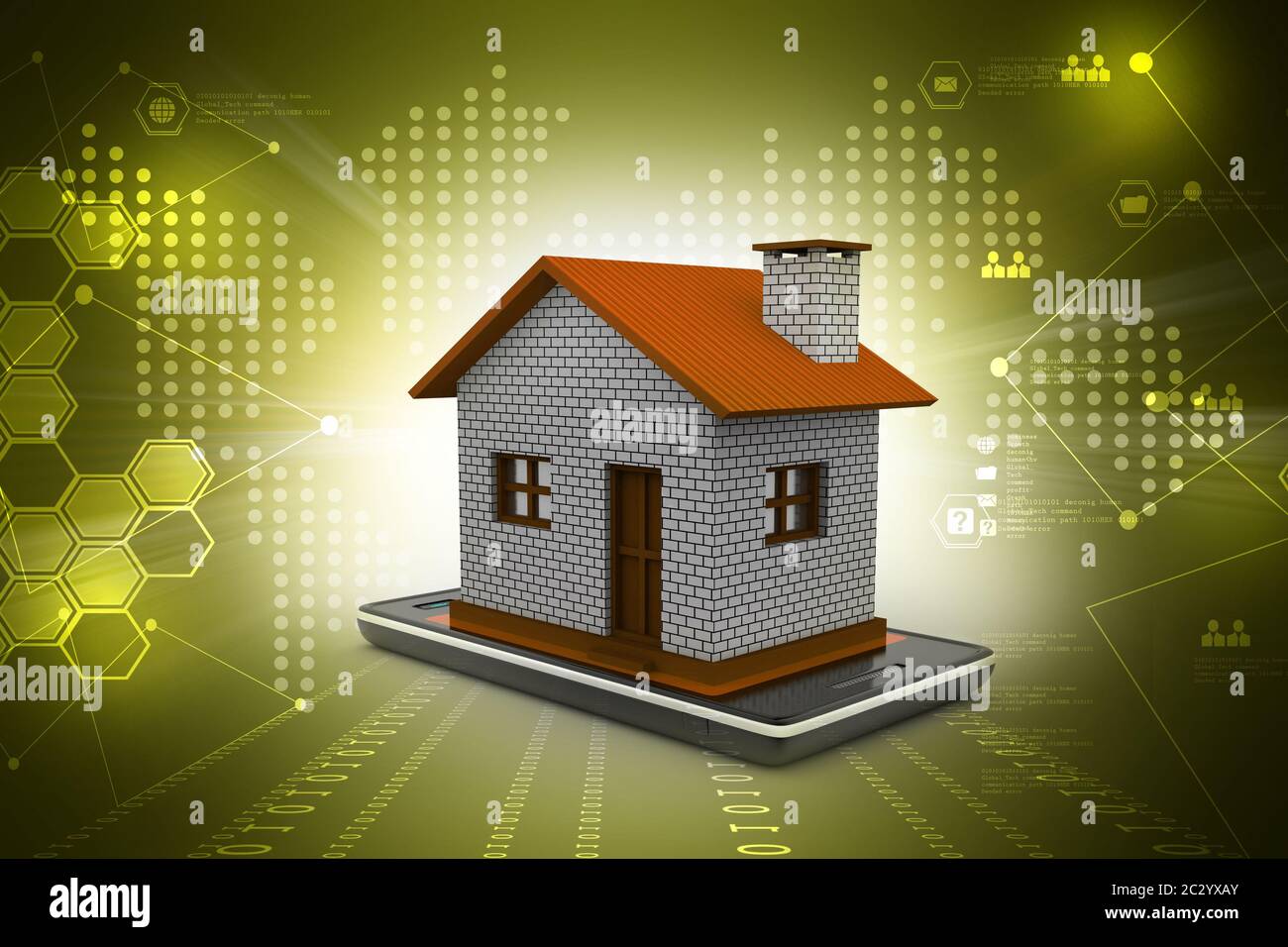 Smart phone with house in color background Stock Photo - Alamy